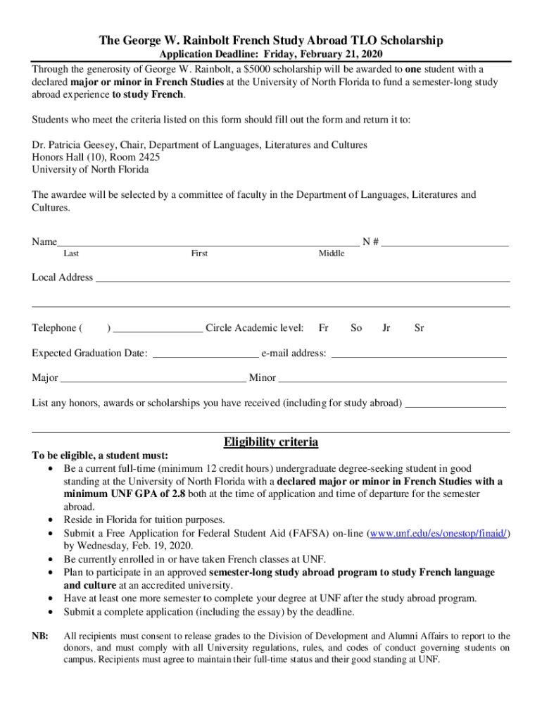 Fillable Online The George W. Rainbolt French Study Abroad TLO ...