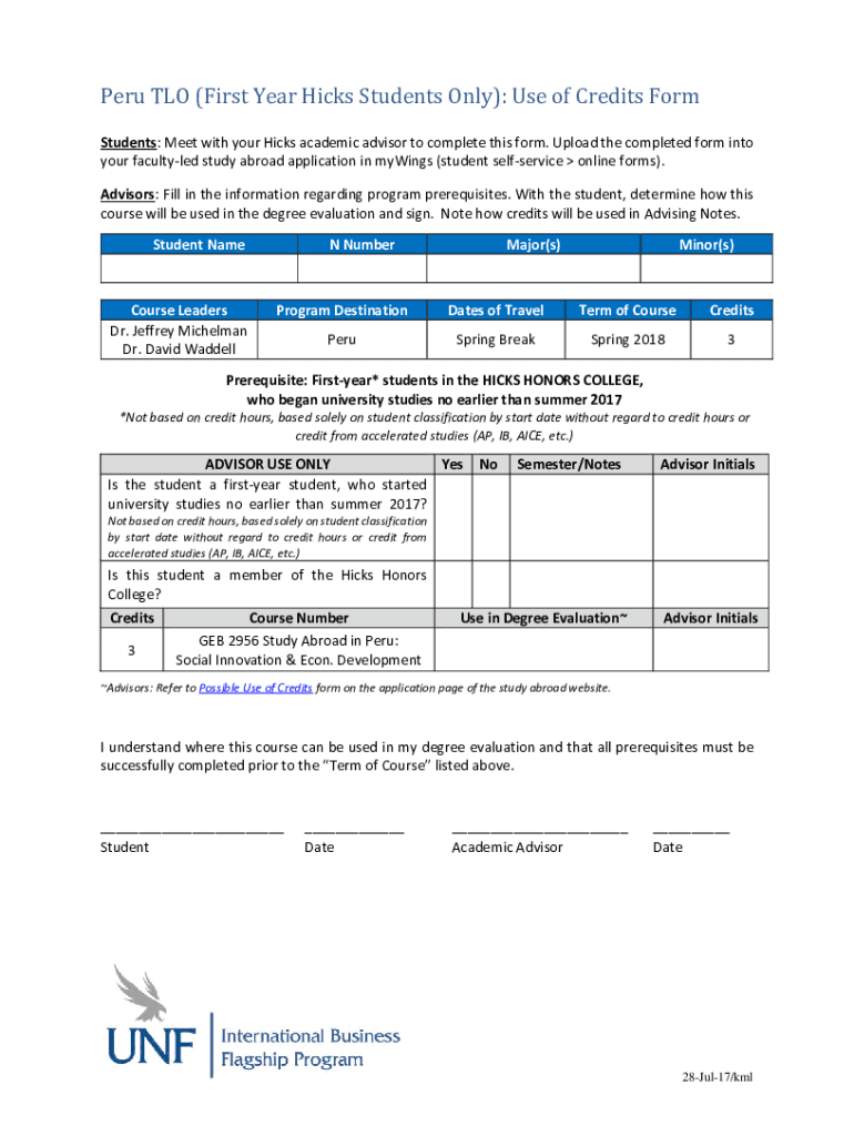 Fillable Online Peru TLO (First Year Hicks Students Only): Use of ...