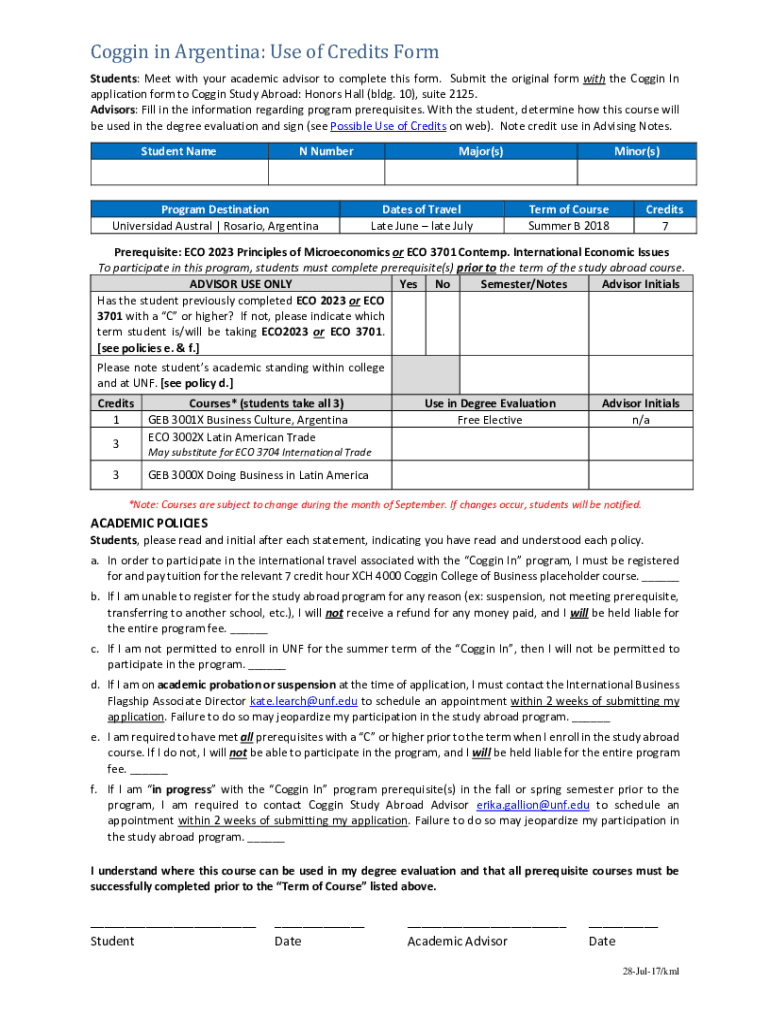 Fillable Online Coggin in Argentina: Use of Credits Form Fax Email ...