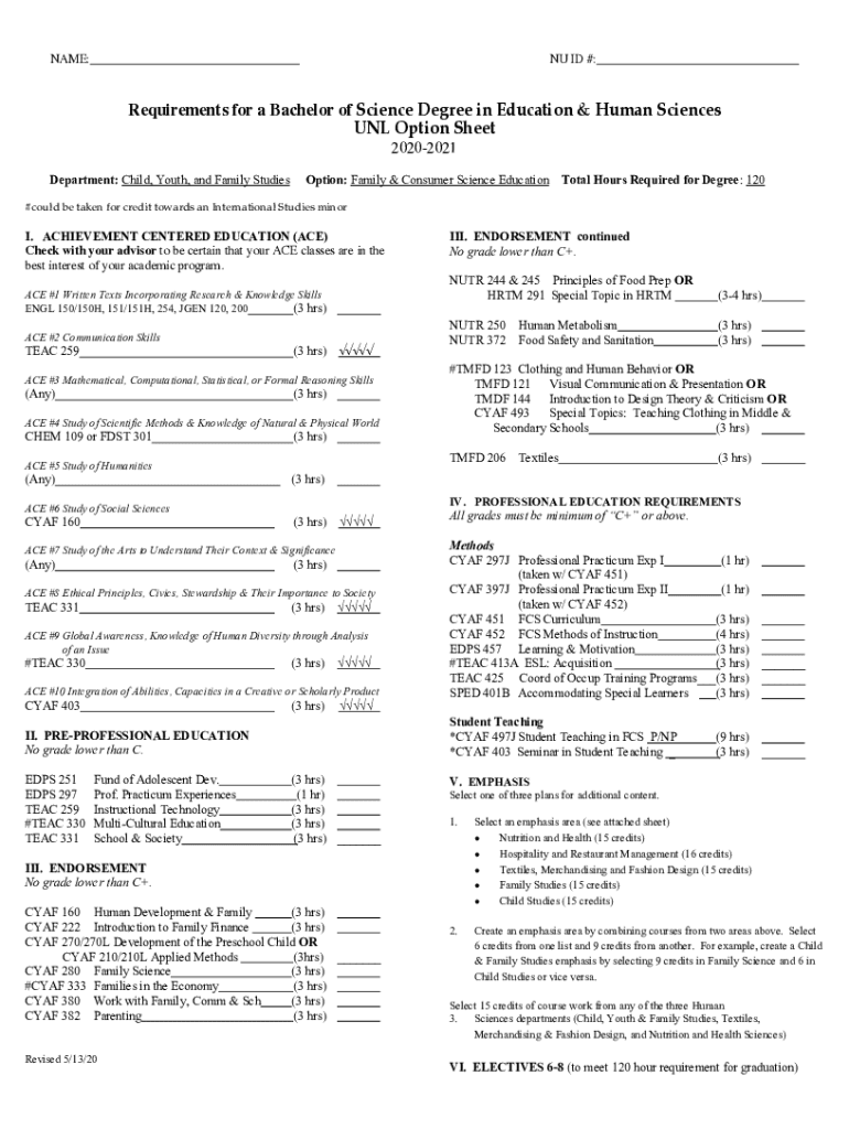 Fillable Online cehs unl Fillable Online cehs unl NAME: NU ID #: Requirements for a Bachelor of ...