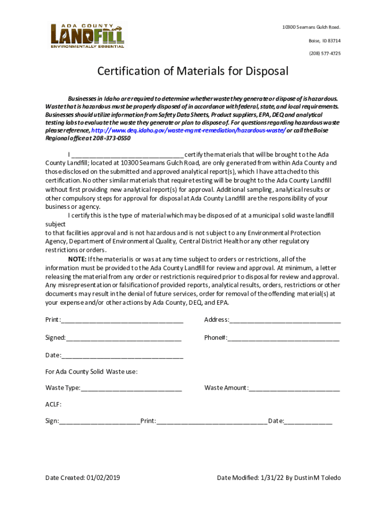 Fillable Online Certification of Materials for Disposal - Ada County Fax Email Print - pdfFiller
