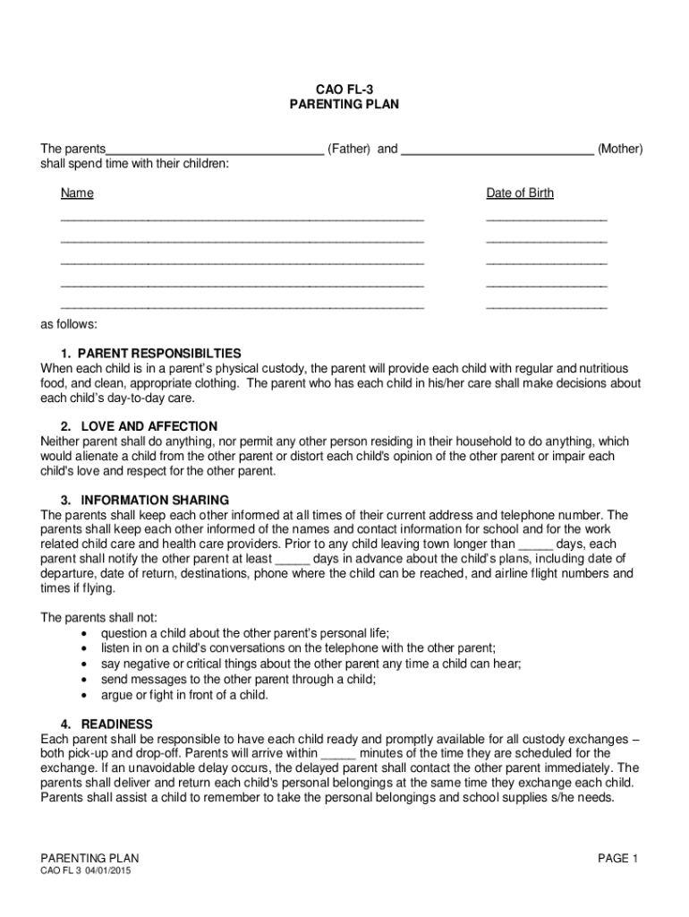 Fillable Online Sample Custody and Parenting Time AgreementSample ...