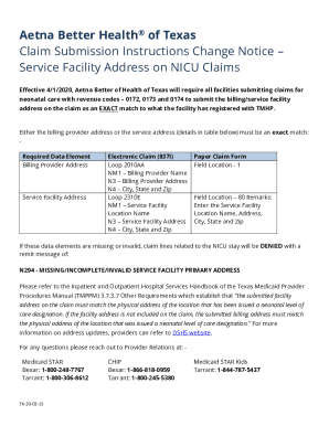 Fillable Online Service Facility Address on NICU Claims - Aetna Better ...