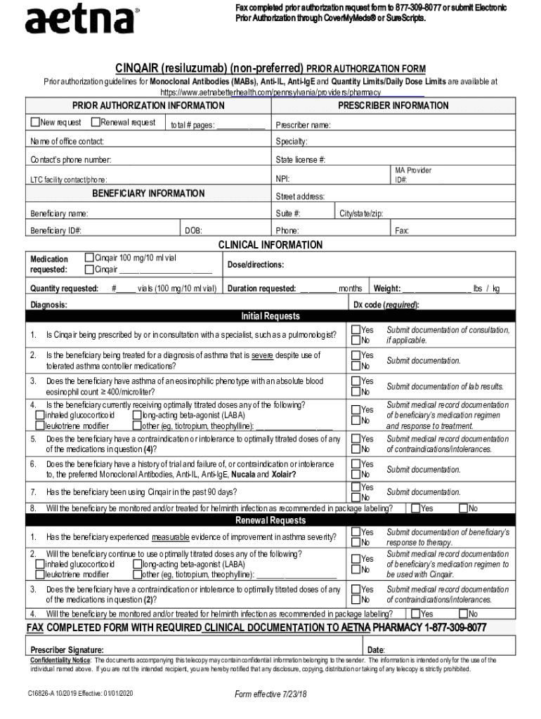 Fillable Online Cinqair PEAP form 07-23-18 - Aetna Better Health Fax ...