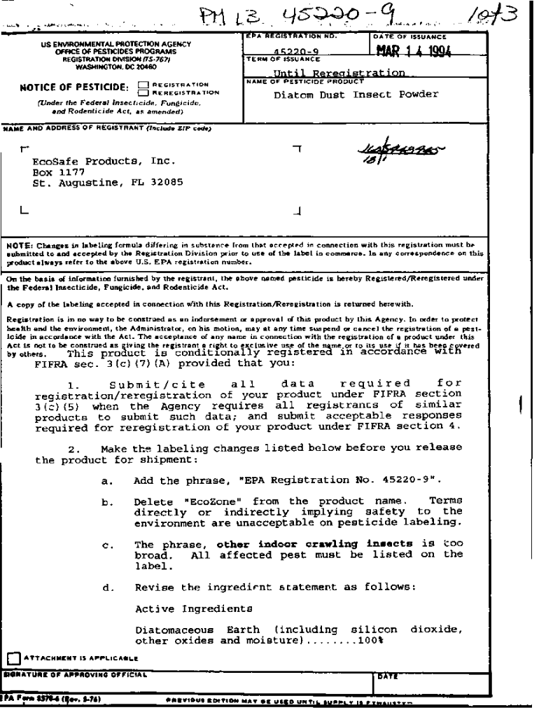 Fillable Online U.S. EPA, Pesticide Product Label, DIATOM DUST INSECT ...