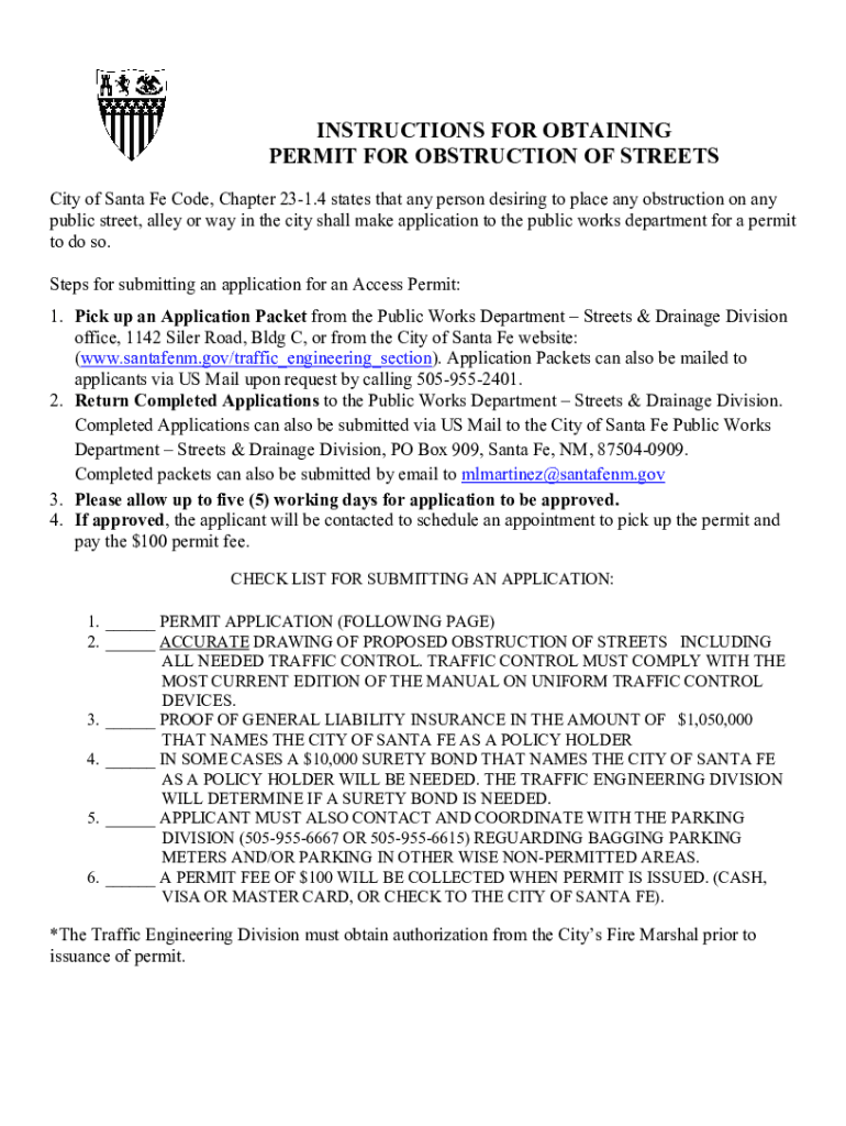 Fillable Online instructions for obtaining permit for obstruction of ...