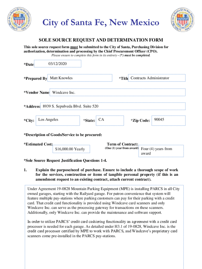 Fillable Online WindcaveSoleSourcejustifica... - City of Santa Fe Fax ...