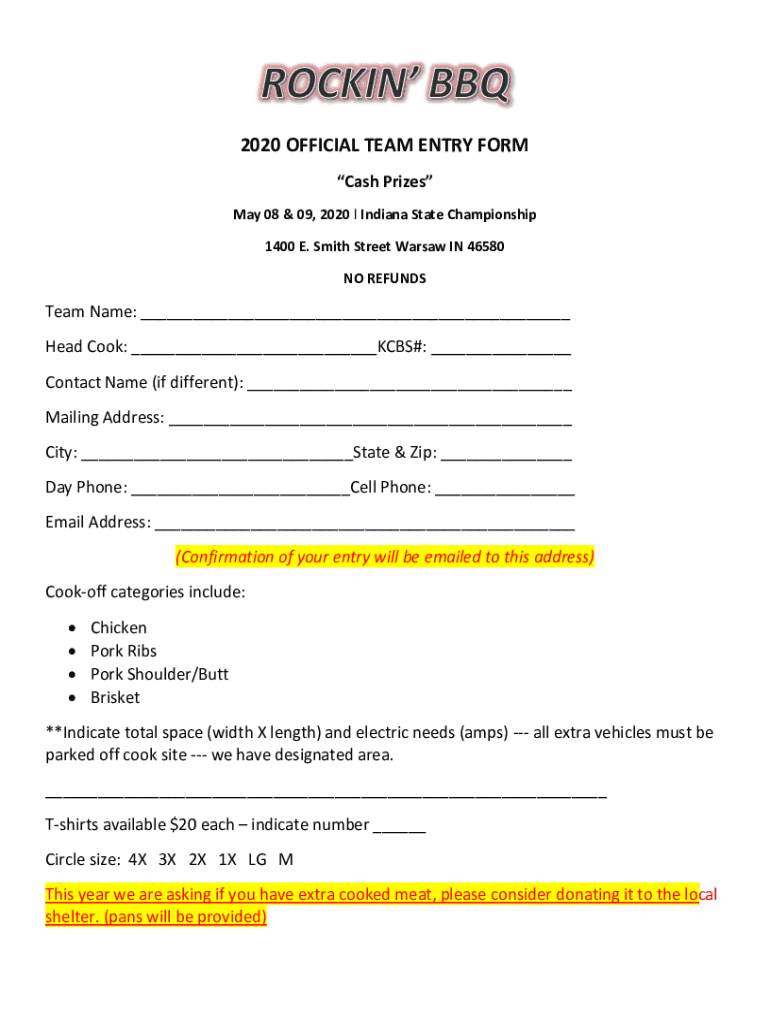 Fillable Online 2020 OFFICIAL TEAM ENTRY FORM Fax Email Print - pdfFiller