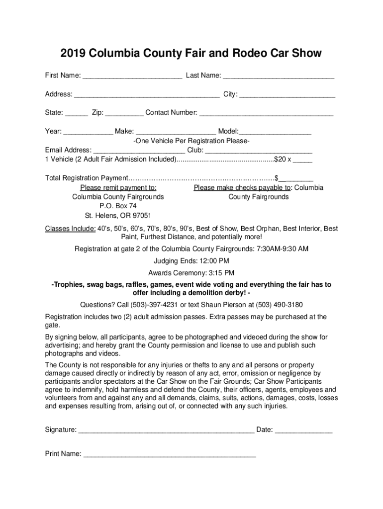 Fillable Online d38trduahtodj3.cloudfront.netfiles2019 Columbia County Fair and Rodeo Car Show ...