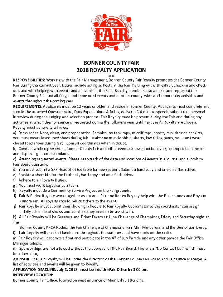 Fillable Online BONNER COUNTY FAIR 2018 ROYALTY APPLICATION Fax Email ...