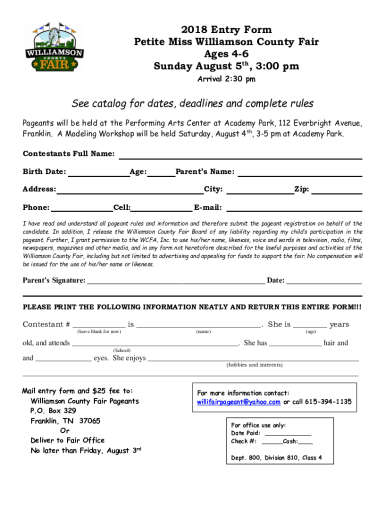 Fillable Online 2018 Entry Form Petite Miss Williamson County Fair Ages 4-6 Sunday ... Fax Email ...
