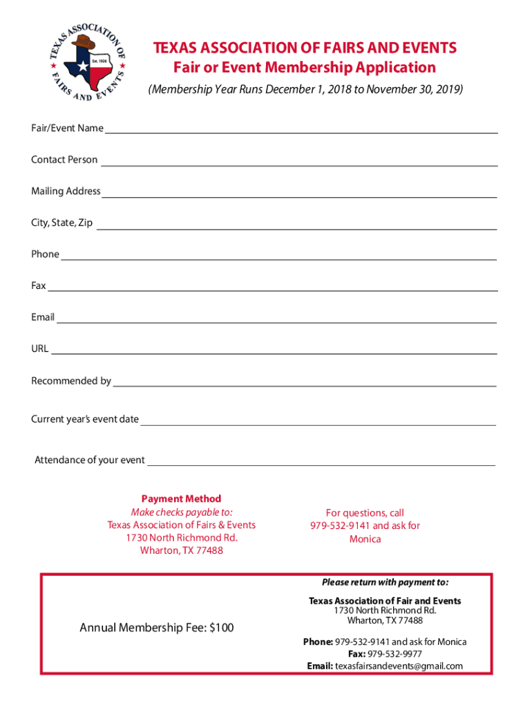 Fillable Online TEXAS ASSOCIATION OF FAIRS AND EVENTS Fair or Event ...