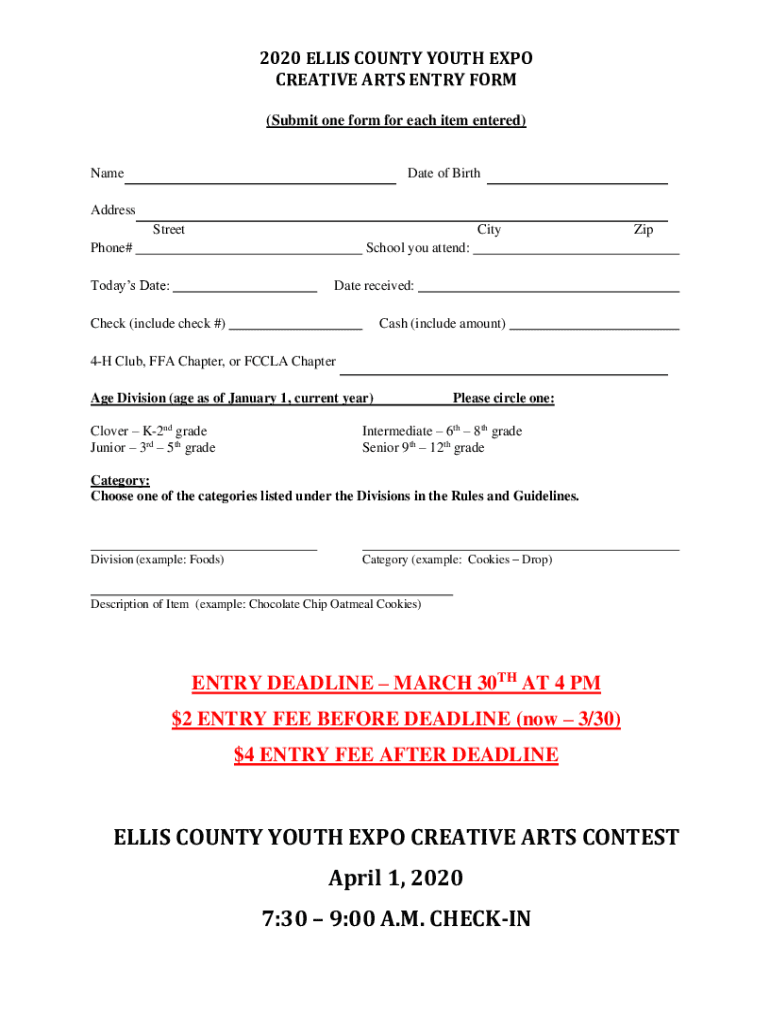 Fillable Online 2020 ellis county youth expo creative arts entry form ...