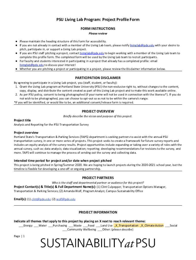 Fillable Online PSU Living Lab Program: Project Profile Form - Portland ...