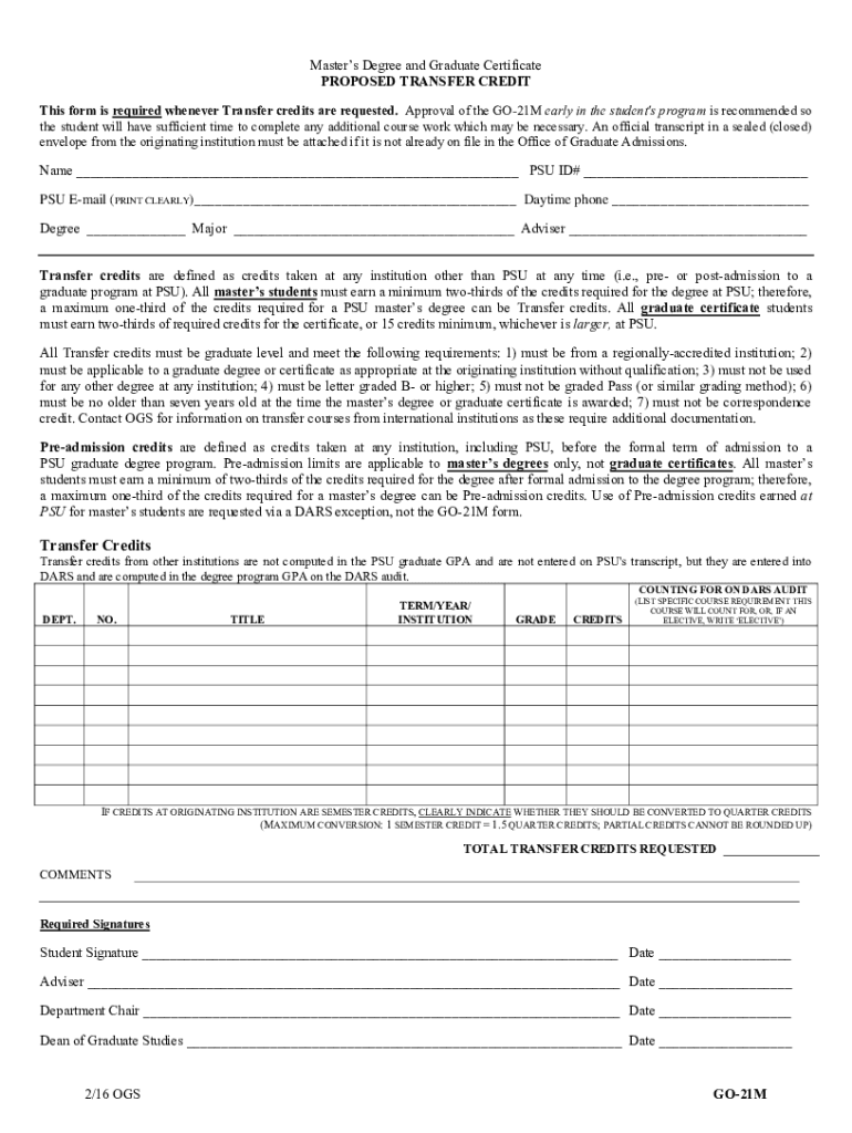 Fillable Online Fillable Masters Degree and Graduate Certificate PROPOSED TRANSFER ... Fax Email ...