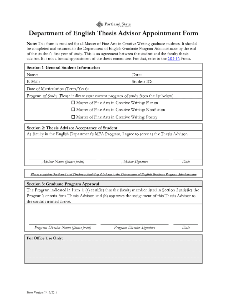 Fillable Online Department of English Thesis Advisor Appointment Form ...