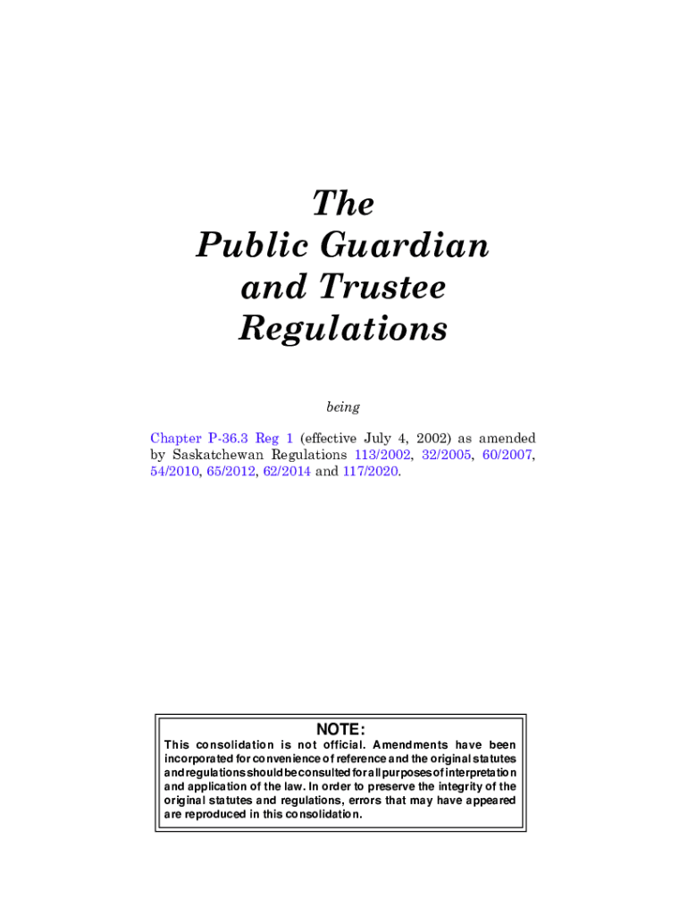 Fillable Online Public Guardian and Trustee Regulations, P-36.3 Reg 1 ...