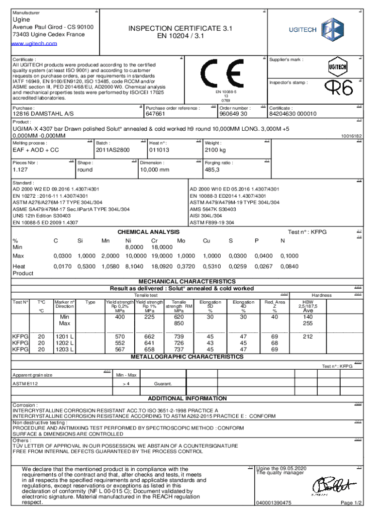 Fillable Online INSPECTION CERTIFICATE 3 Fax Email Print - pdfFiller