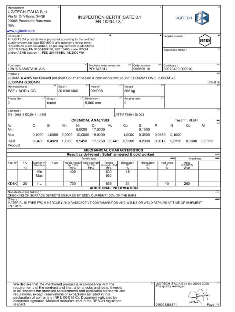 Fillable Online INSPECTION CERTIFICATE 3.1 EN 10204 / 3.1 - NET Fax Email Print - pdfFiller