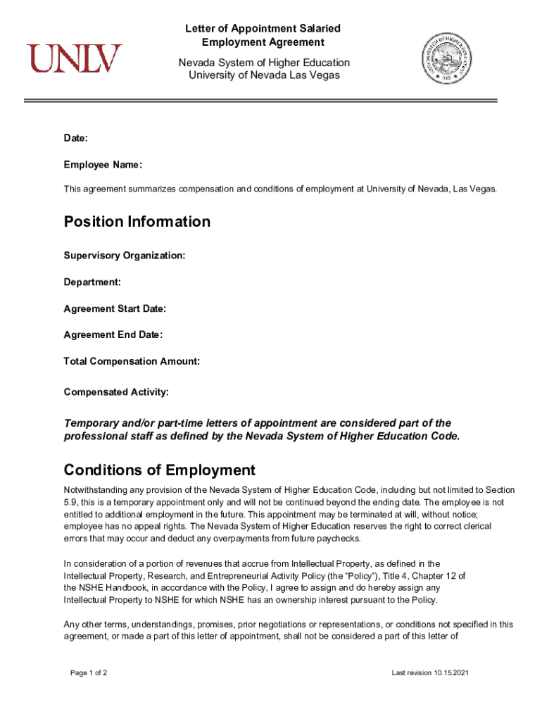 Fillable Online Letter of Appointment Salaried Employment Agreement ...