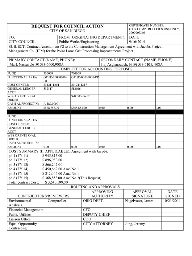 Fillable Online docs sandiego request for council action certificate number s use... Fax Email ...