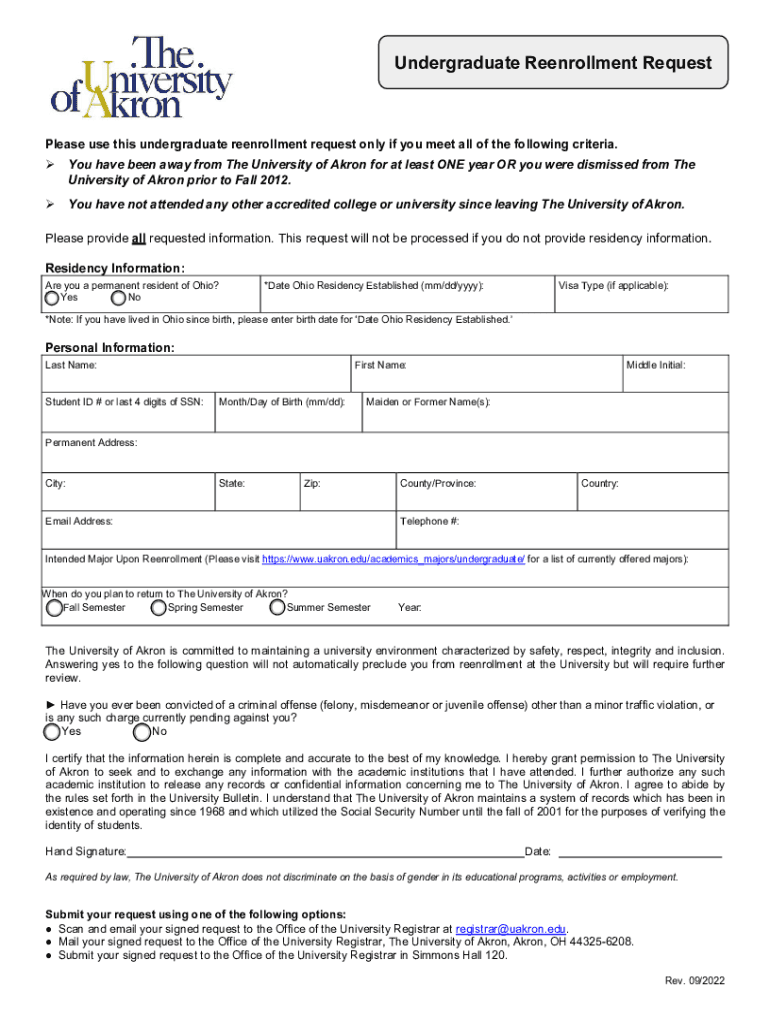 Fillable Online an Undergraduate Reenrollment Request Fax Email Print - pdfFiller