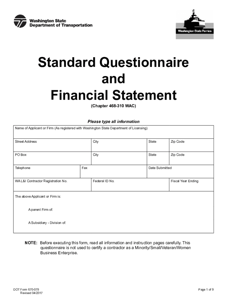 Fillable Online wsdot wa DOT Form 670-079 Standard Questionnaire and ...