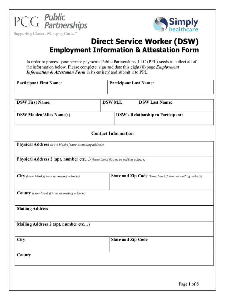 Fillable Online Direct Service Worker (DSW) Employment Information ...