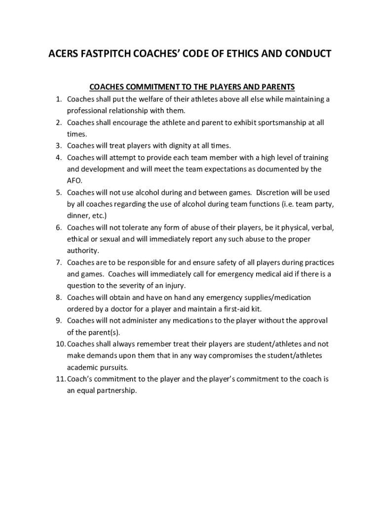 Fillable Online southfoursoftball.cacoaches-code-of-conductCoaches Code ...