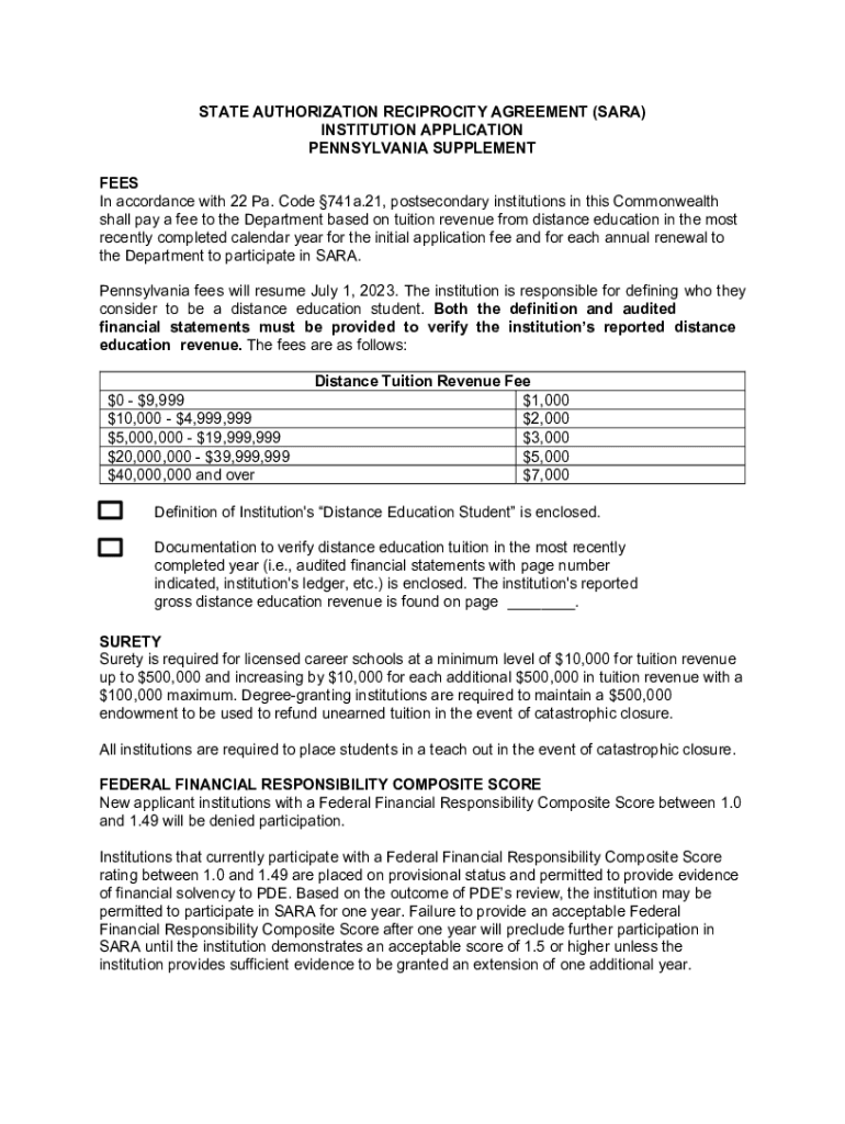 Fillable Online State Authorization Reciprocity Agreement (SARA) Institution Application PA ...