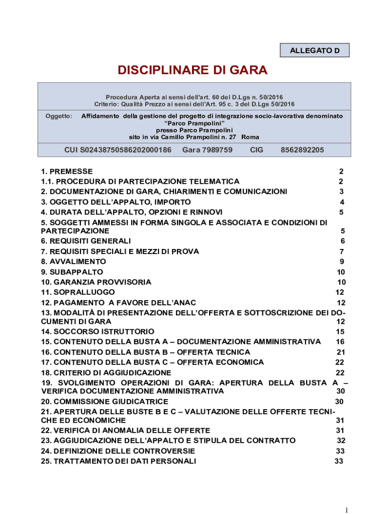 Fillable Online Gara comunitaria a procedura aperta, ai sensi dellart ...