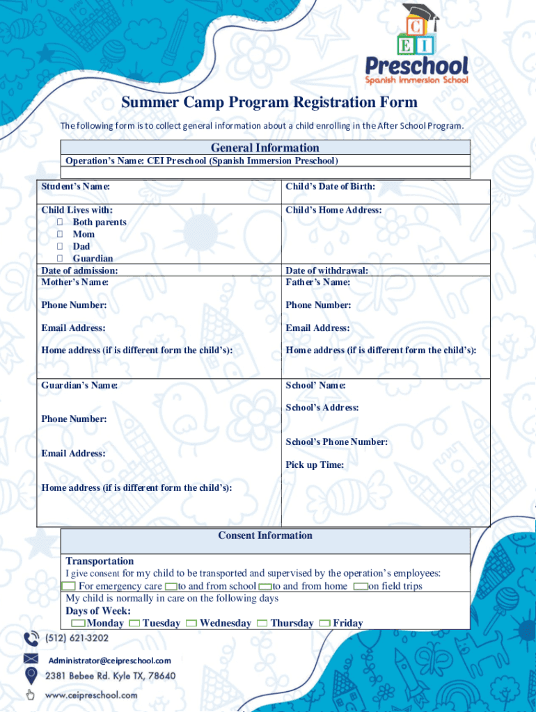 Fillable Online Summer Camp Detailed Registration Form ...