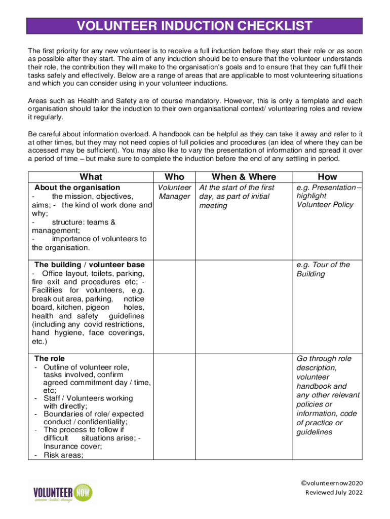 Fillable Online 21+ SAMPLE Volunteer Induction Checklist in PDFMS ...