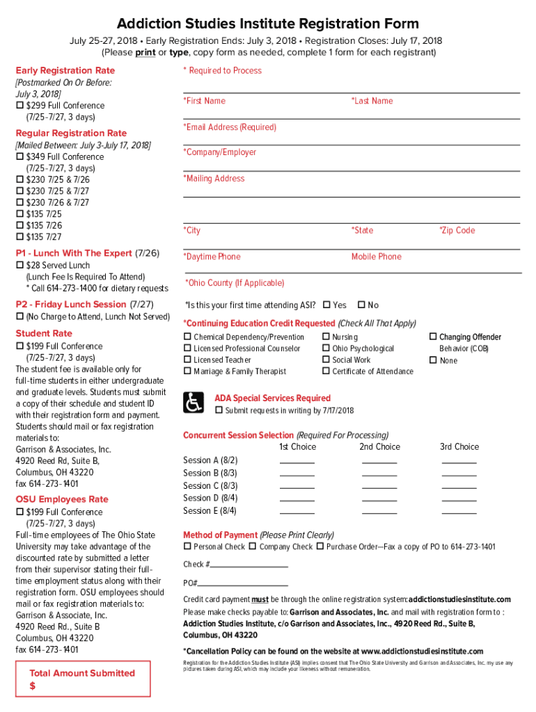 Fillable Online Addiction Studies Institute Registration Form Fax Email ...