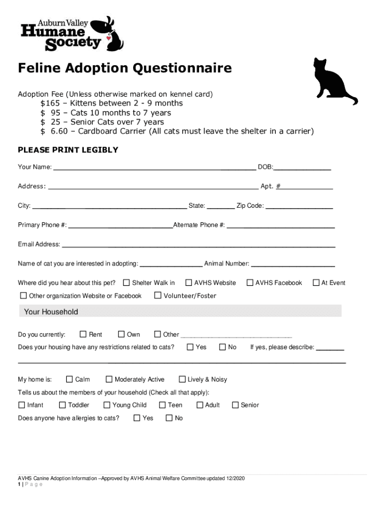 Fillable Online Auburn Valley Humane Society Feline Adoption ...