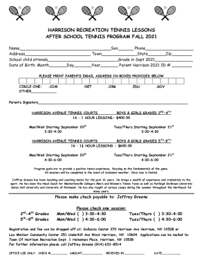 Fillable Online HARRISON RECREATION TENNIS LESSONS AFTER SCHOOL ... Fax Email Print - pdfFiller