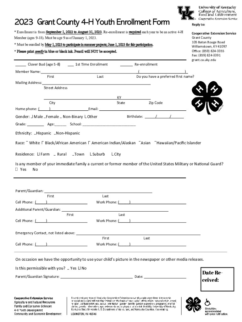 Fillable Online grant ca uky grant.ca.uky.edufiles2023enrollmentform2023 Grant County 4-H Youth ...
