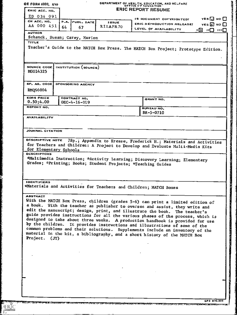 Fillable Online files.eric.ed.govfulltextED034091OE FORM 6000, 2/69 ...