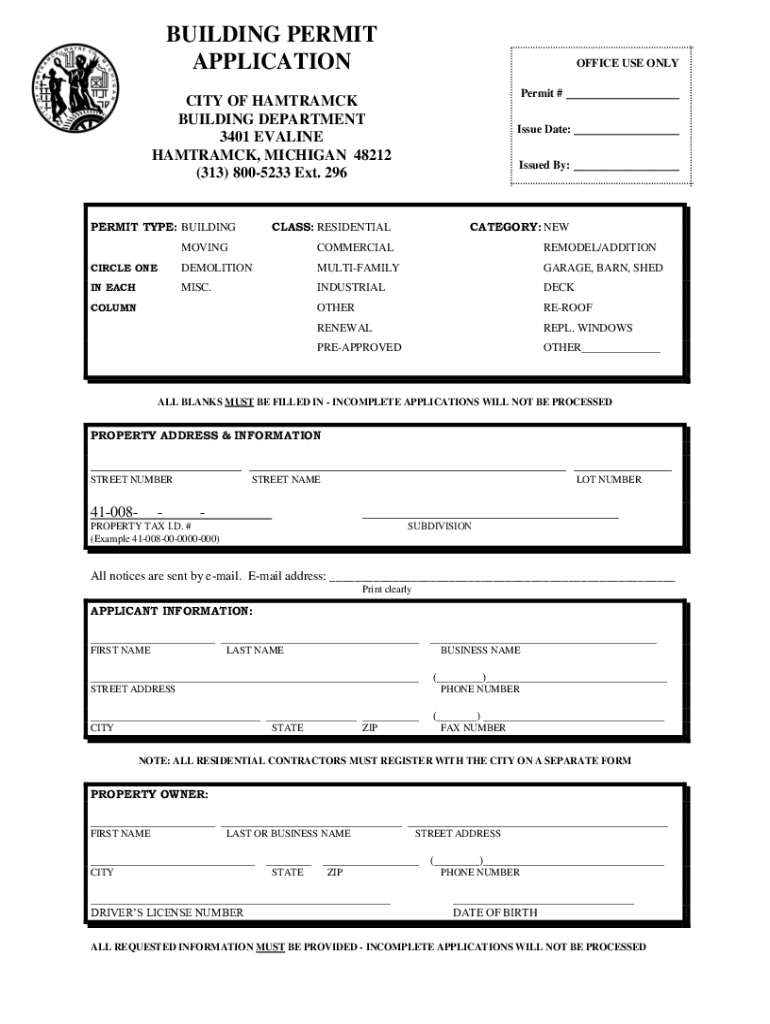 Fillable Online hamtramck.us05Building-Permit-ApplicationBUILDING PERMIT APPLICATION OFFICE USE ...