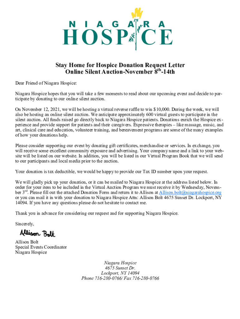 Fillable Online Stay Home for Hospice Donation Request Letter Online ...