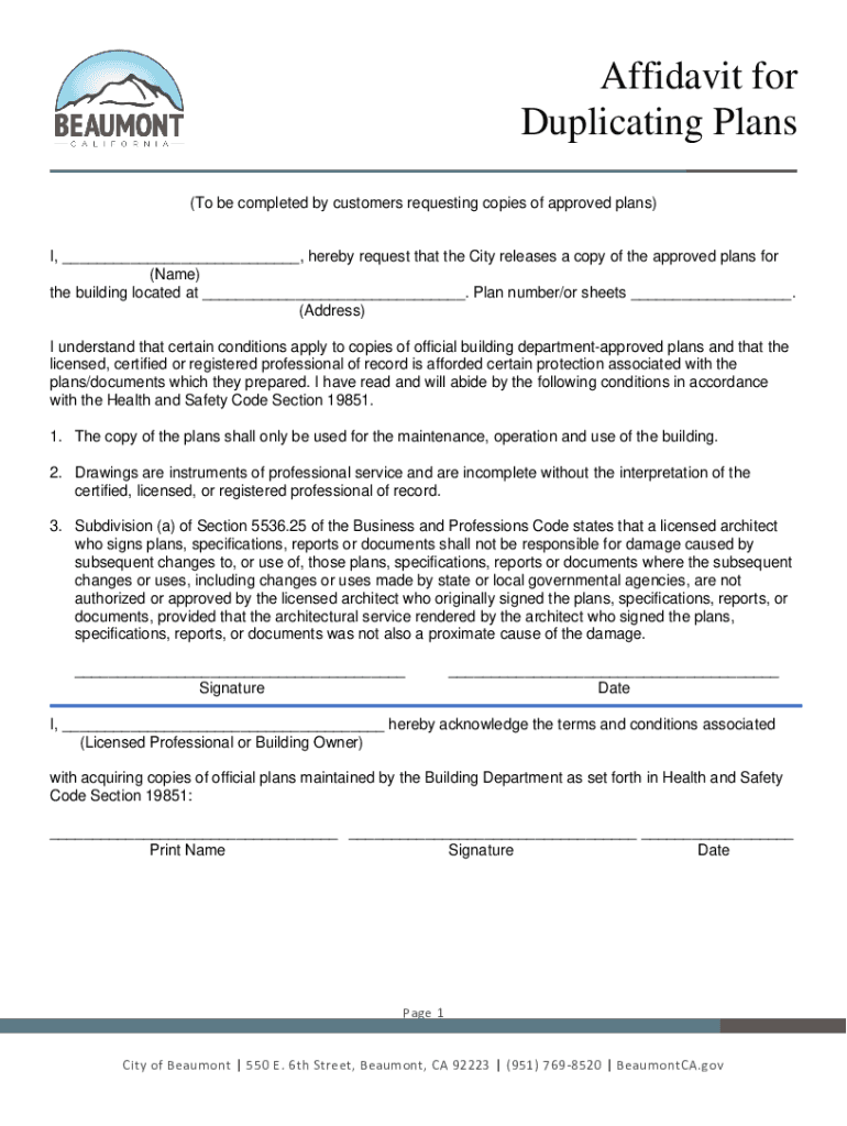 Fillable Online Affidavit for Duplicating Plans Fax Email Print - pdfFiller