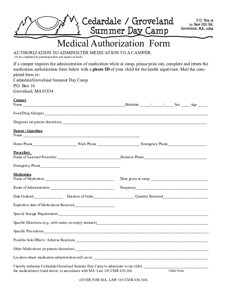 Fillable Online AUTHORIZATION TO ADMINISTER MEDICATION TO A CAMPER ...