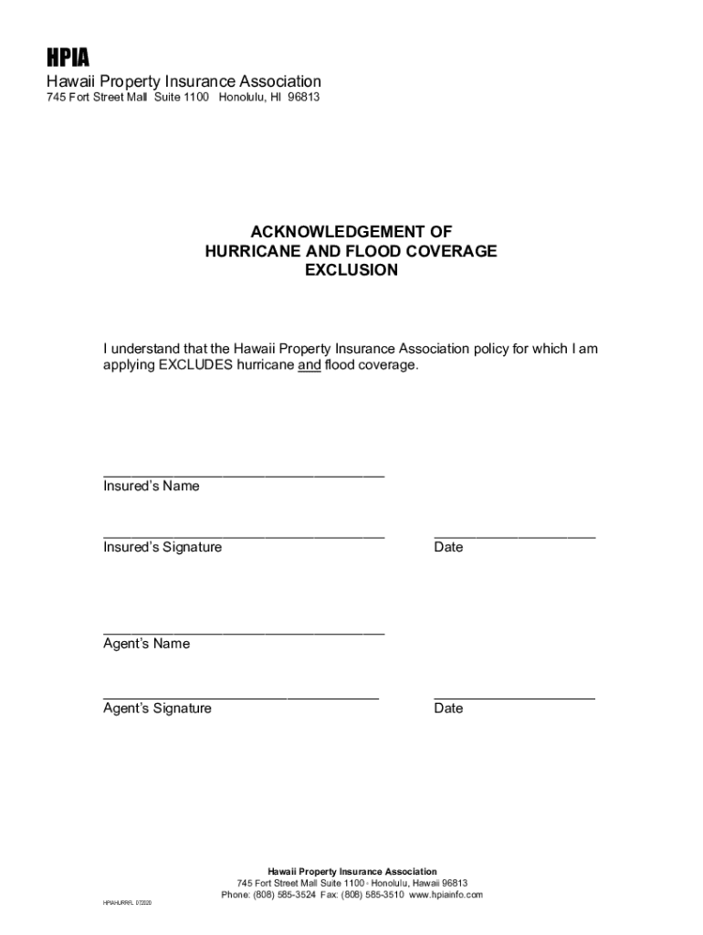 Fillable Online HPIA Hurricane and Flood Exclusion Acknowledgement ...