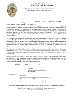 Fillable Online Grants Pass Police Department TRESPASS LETTER OF ...