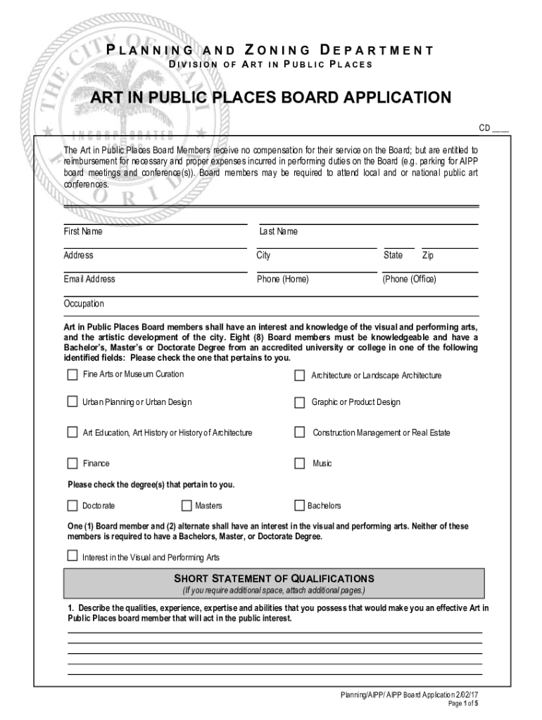Fillable Online ART IN PUBLIC PLACES BOARD APPLICATION - City of Miami Fax Email Print - pdfFiller
