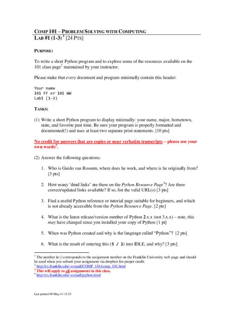 Fillable Online Ca du bapfolno gabpoj COMP 101 PROBLEM SOLVING WITH COMPUTING LAB #1 (13) 1 24 ...