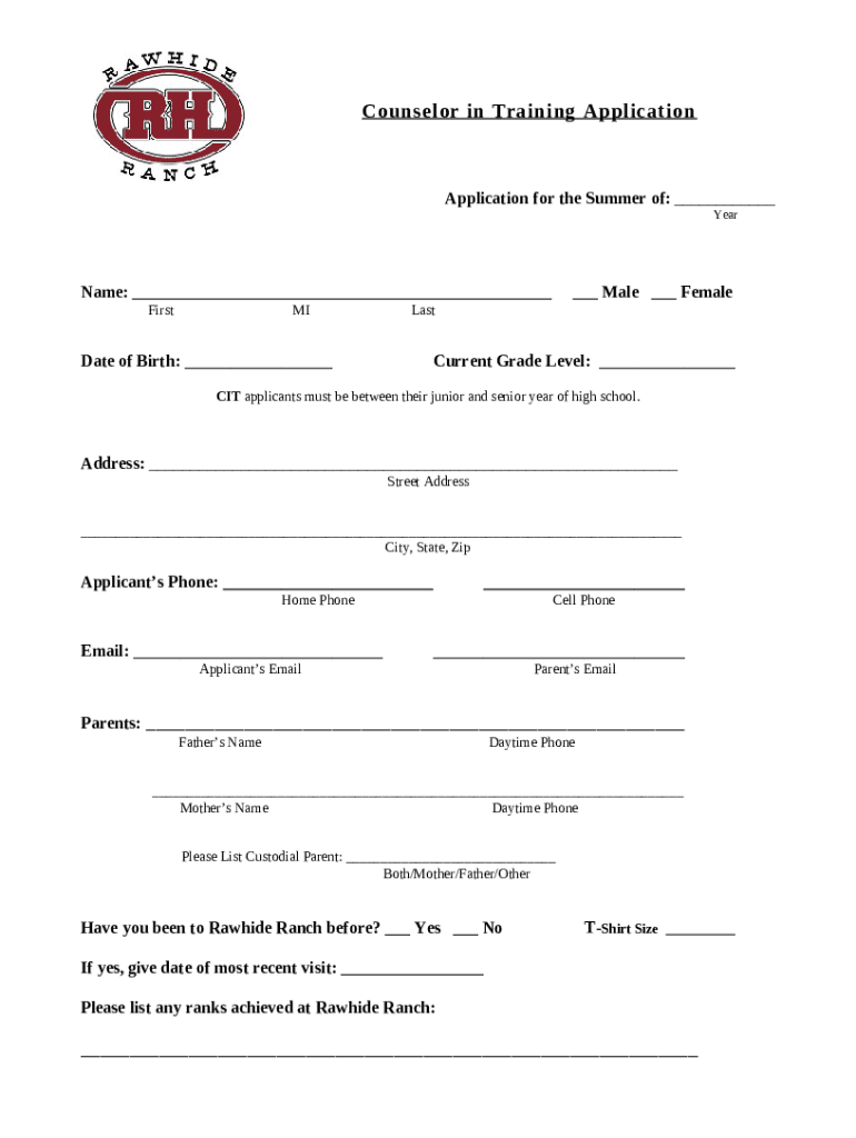 Leader in Training / Counselor in Training Application Doc Template | pdfFiller
