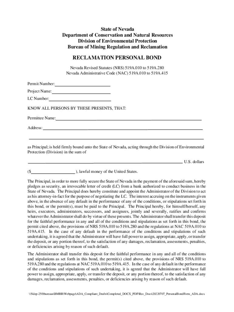 Fillable Online ndep nv Reclamation Personal Bond Form Fax Email Print ...