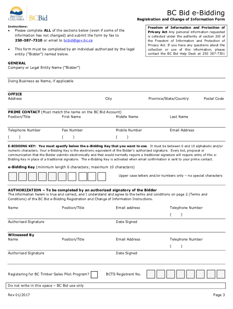 Fillable Online BC Bid e-Bidding Registration and Change of lnformation ...