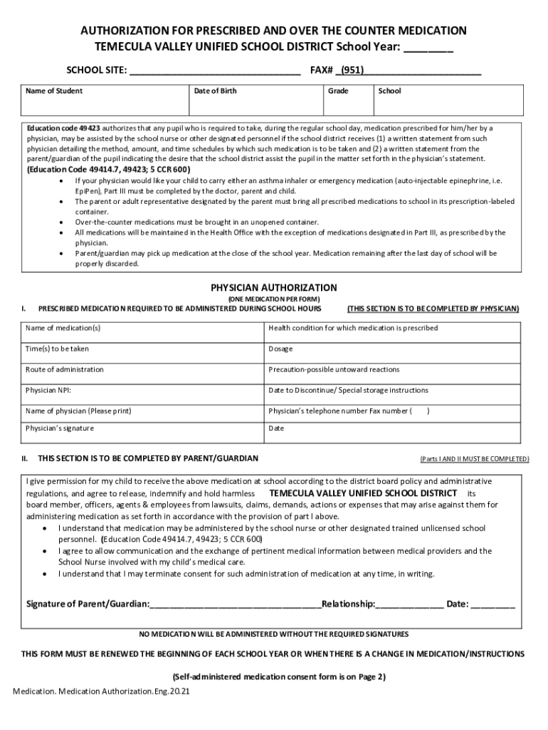 Medication Authorization Form - Blank Fillable Template | Fill Out ...